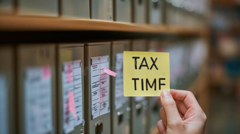 Close-up of a Hand Holding a "TAX TIME" Sticky Note in Front of an ...
