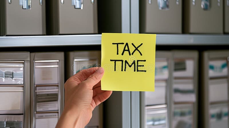 Close-up of a Hand Holding a "TAX TIME" Sticky Note in Front of an ...