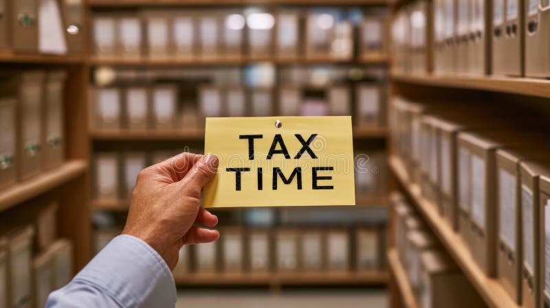 Close-up of a Hand Holding a "TAX TIME" Sticky Note in Front of an ...