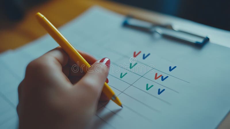 Close-up of Hand Holding Yellow Pen Checking Off Boxes on Checklist ...