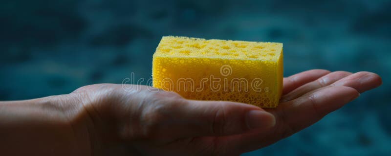 Close-up of a Hand Holding a Yellow Sponge Against a Blue Background ...