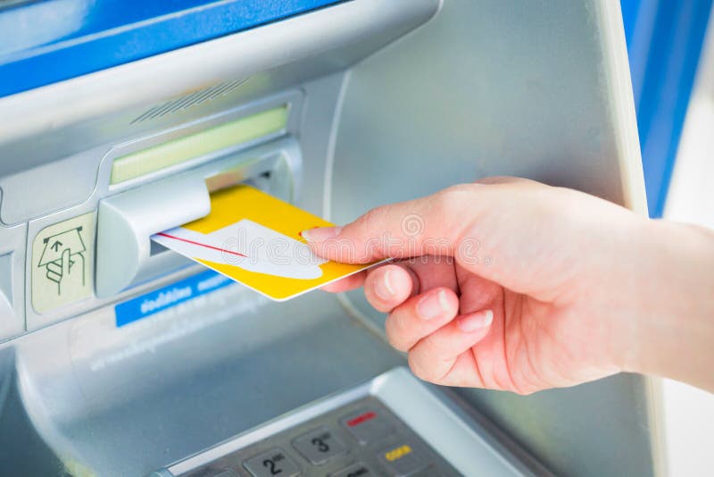 Close Up Hand Inserting Card into ATM. Stock Image - Image of inserting ...