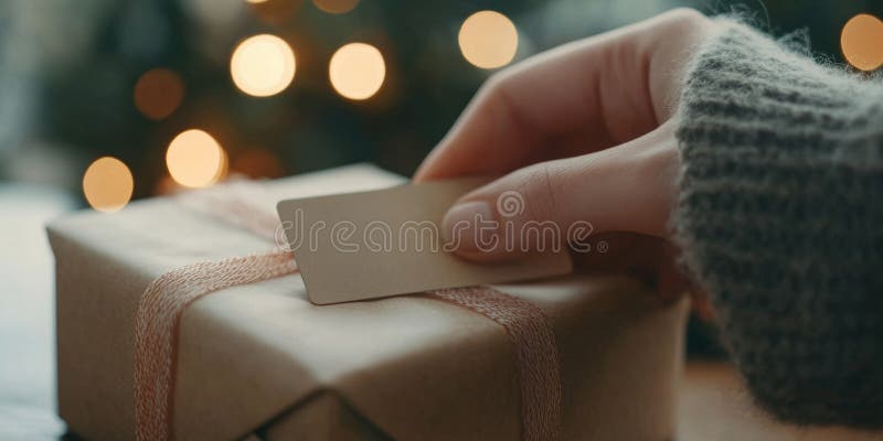 Close Up of Hand Inserting Gift Card into Wrapped Present for Holiday ...