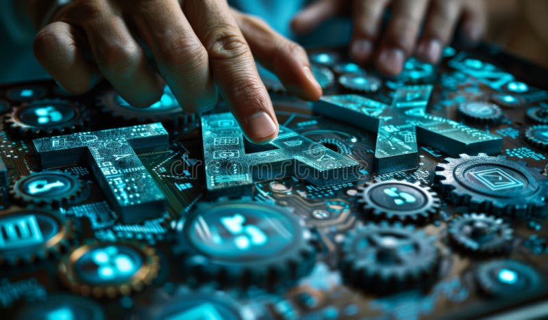 Close-up of a Hand Interacting with Advanced Technology Interface on a ...