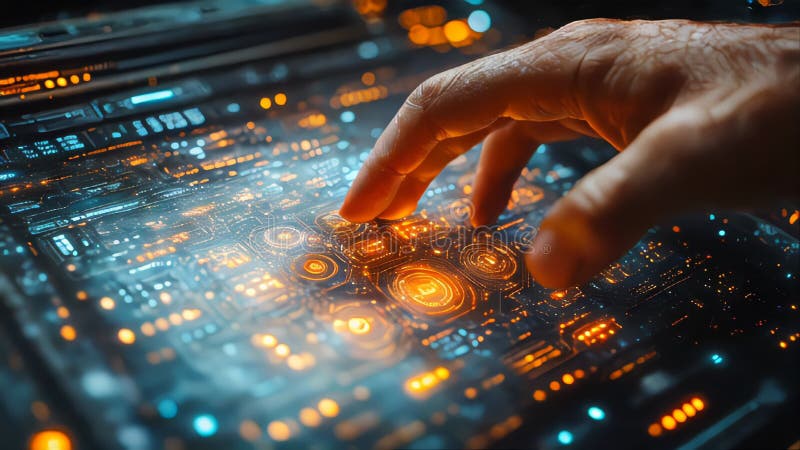 Close-up of Hand Interacting with Data on a High-tech Digital Panel ...