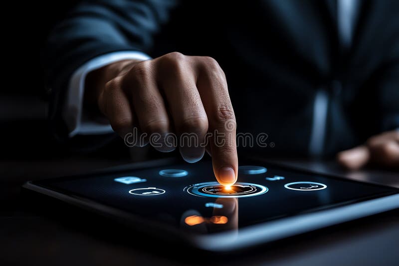 Close-up of a Hand Interacting with a Digital Interface on a Tablet ...