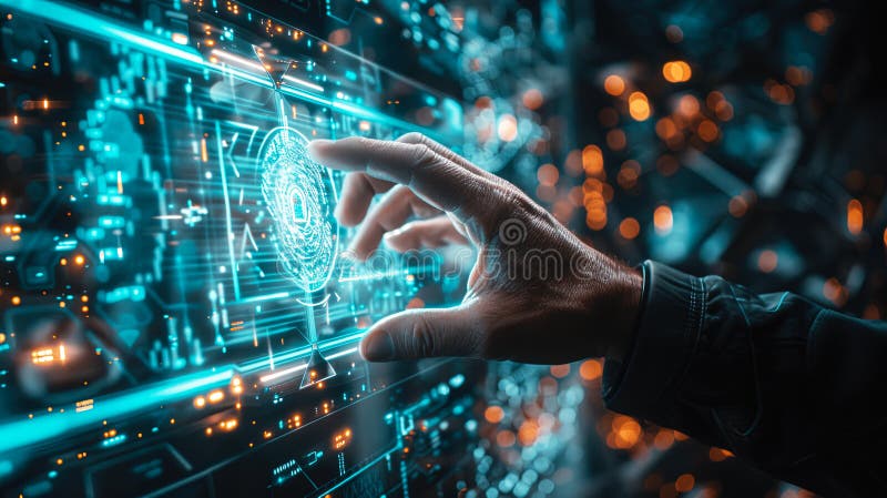 Close-up of a Hand Interacting with Futuristic Digital HUD. Concept of ...