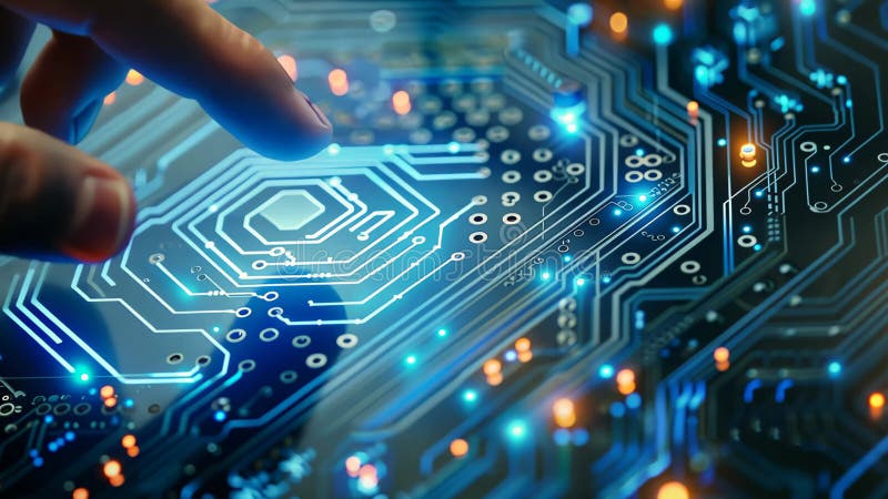 Close-up of a Hand Interacting with a Glowing Circuit Board Design ...