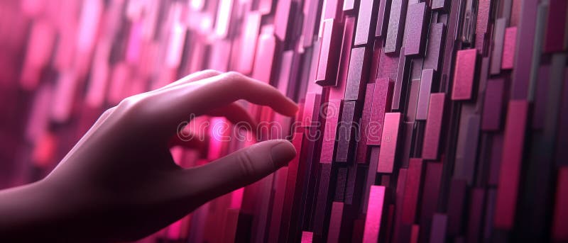 Close Up of a Hand Interacting with Glowing Pink Digital Bars in a ...