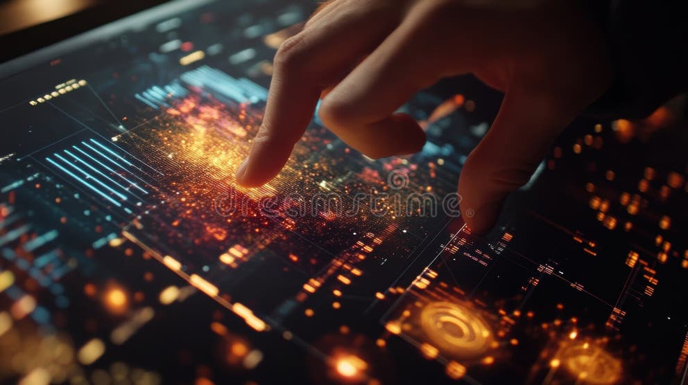 Software Engineer Navigating Complex Data Visualization Interface on a Futuristic Tablet Stock ...