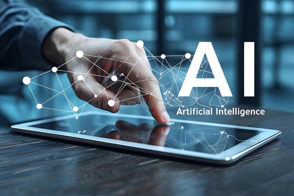 Close-Up of Hand Interacting with Tablet Displaying AI Stock ...