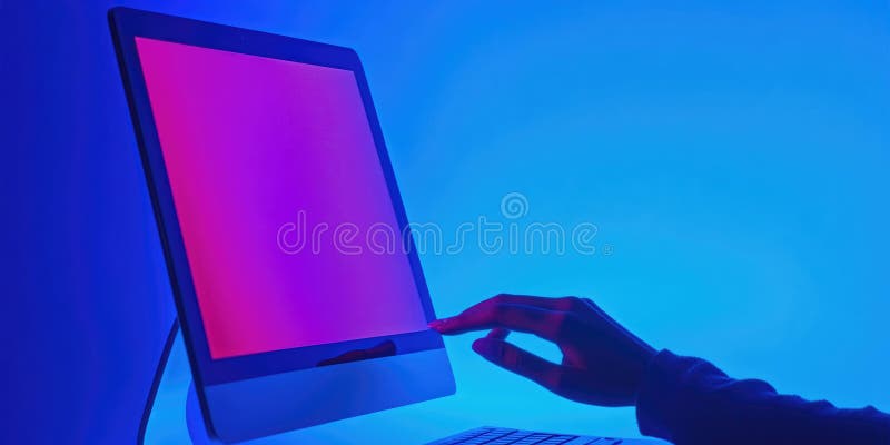 Close-up of a Hand on a Laptop Keyboard, Bathed in the Glow of Neon ...