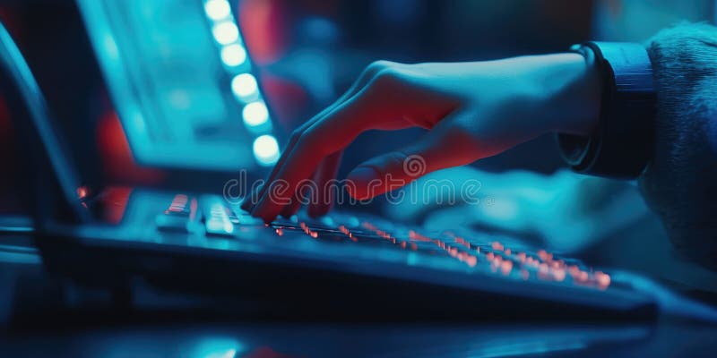 Close-up of a Hand on a Laptop Keyboard, Bathed in the Glow of Neon ...