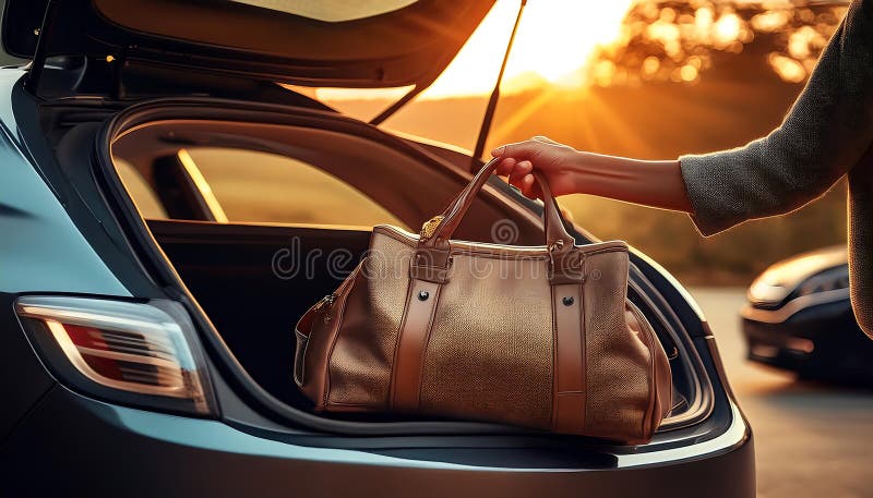 Close-up of a Hand Lifting a Bag and Putting it in the Trunk of a Car ...