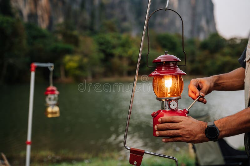Close Up Hand of a Man Lanterns are Lit Lantern for Light. Outdoor ...