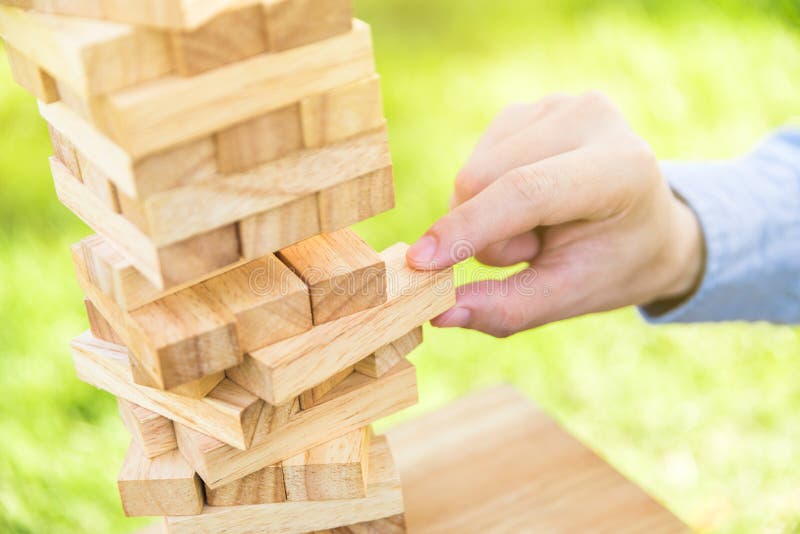 Close Up Hand Man Playing Block Wood Stack Game Stock Image - Image of ...