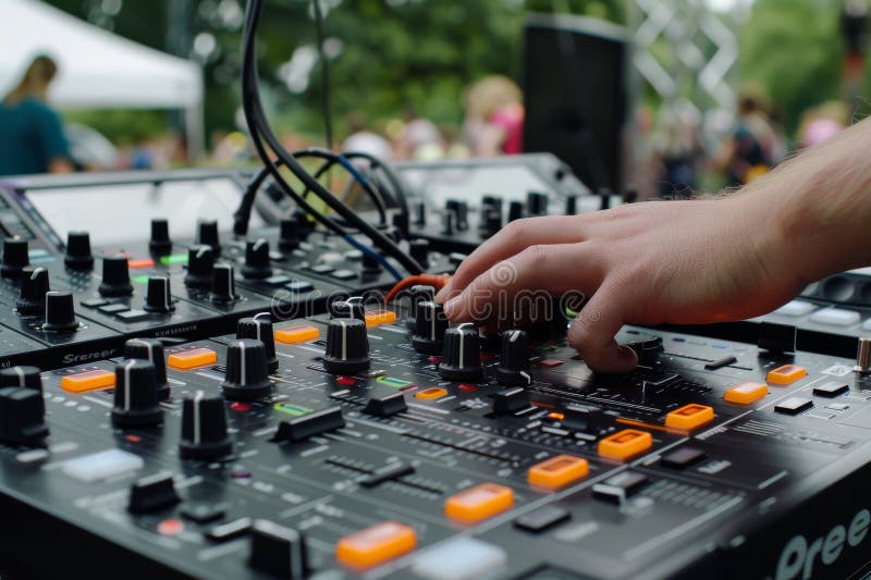 Close-up of a Hand Manipulating Controls on a DJ Mixing Console at an ...