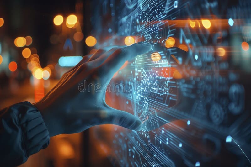 Close-up of a Hand Moving on a Touch Screen, Futuristic Style Stock ...