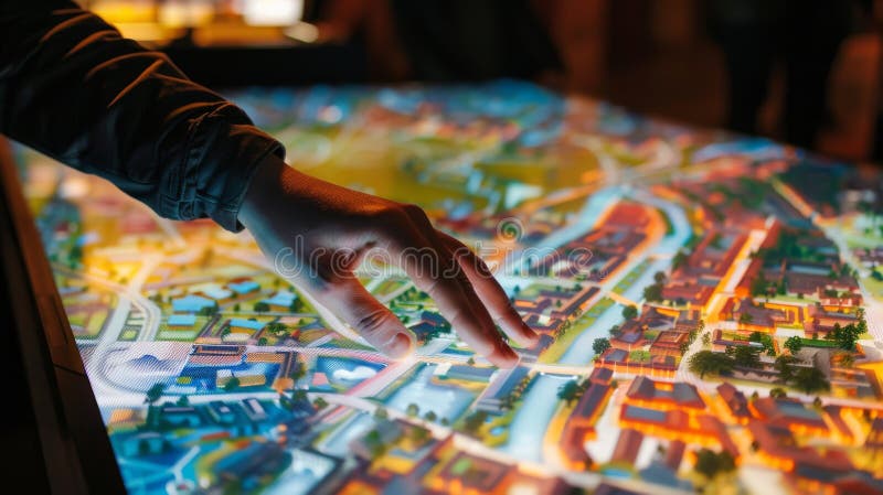Close-up of a Hand Navigating an Interactive, Illuminated Map on a ...
