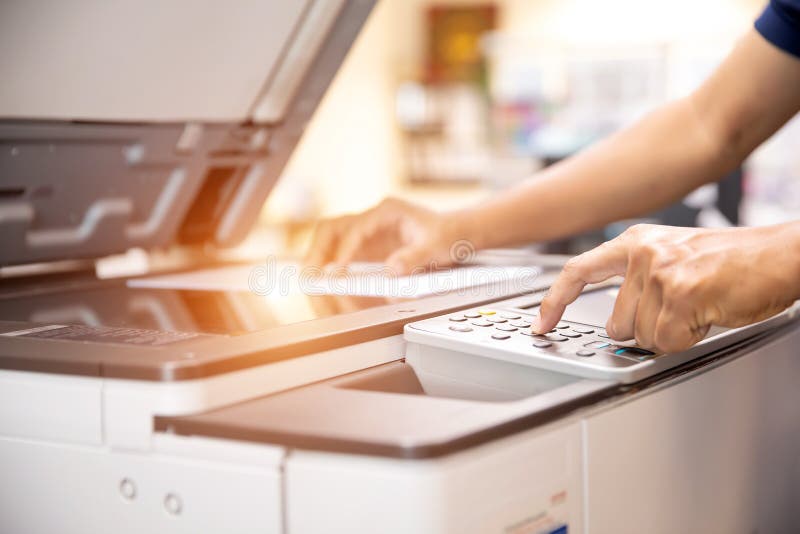 Close Up Hand Office Man Press Copy Button on Panel To Using the Copier ...
