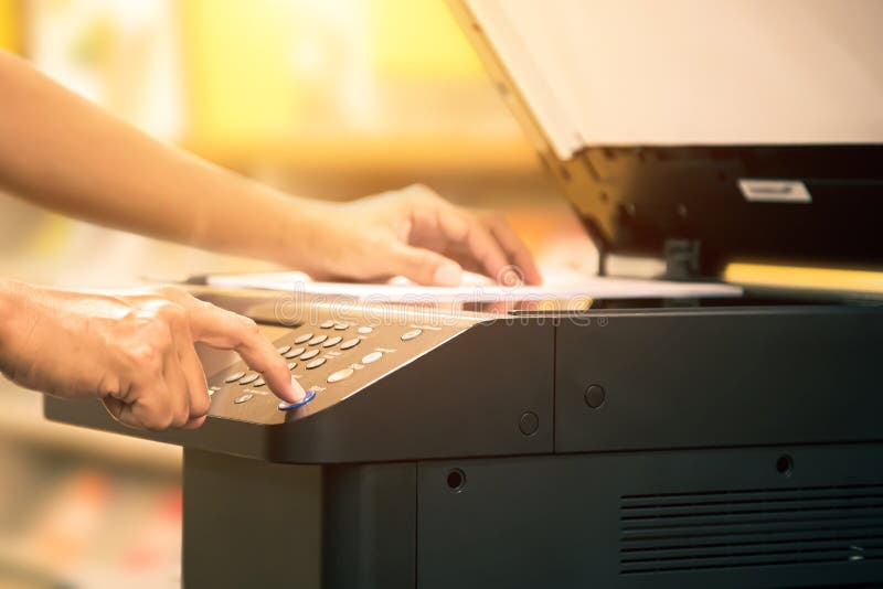 Close Up Hand Office Man Press Copy Button on Panel To Using the Copier ...
