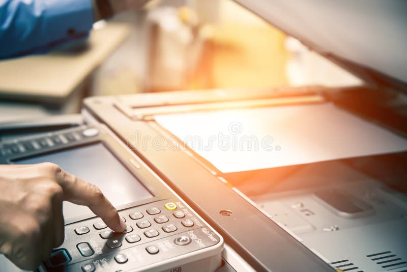 Close Up Hand Office Man Press Copy Button on Panel To Using the Copier ...