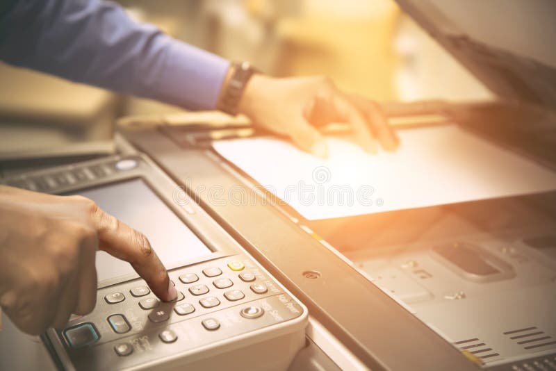 Close Up Hand Office Man Press Copy Button on Panel To Using the Copier ...