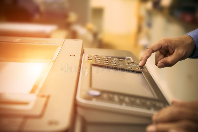 Close Up Hand Office Man Press Copy Button on Panel To Using the Copier ...