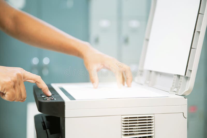 Close Up Hand Office Man Press Copy Button on Panel To Using the Copier ...