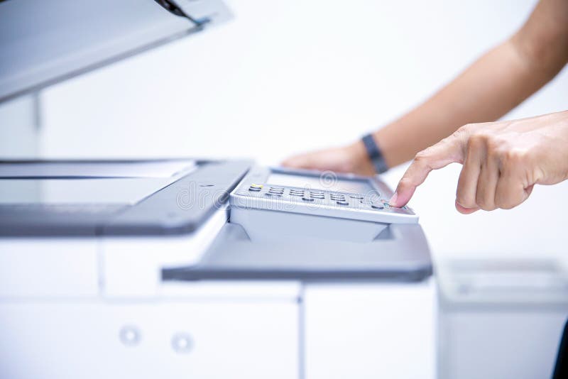 Close Up Hand Office Man Press Copy Button on Panel To Using the Copier ...