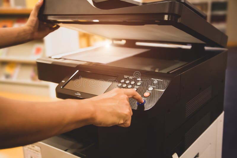 Close Up Hand Office Man Press Copy Button on Panel To Using the Copier ...