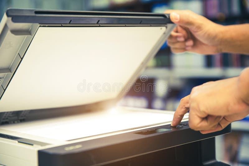 Close Up Hand Office Man Press Copy Button on Panel To Using the Copier ...