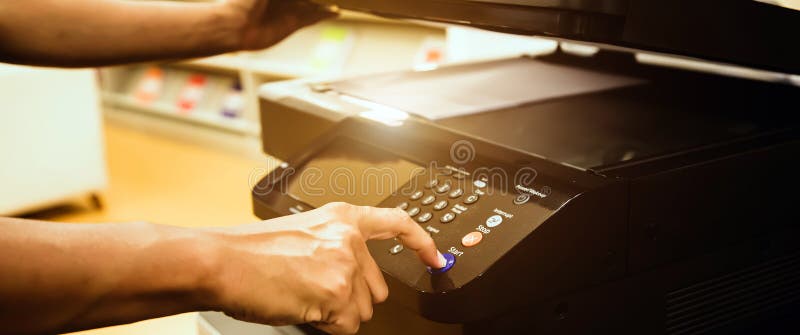 Close Up Hand Office Man Press Copy Button on Panel To Using the Copier ...