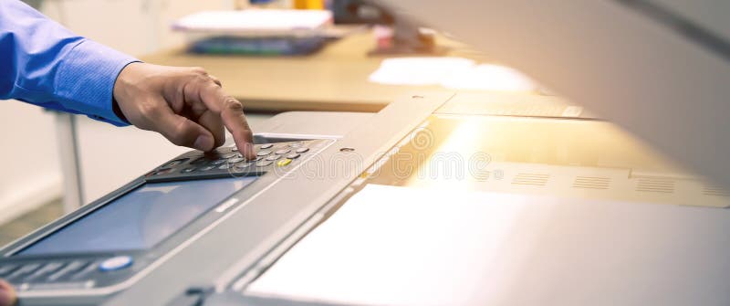 Close Up Hand Office Man Press Copy Button on Panel To Using the Copier ...