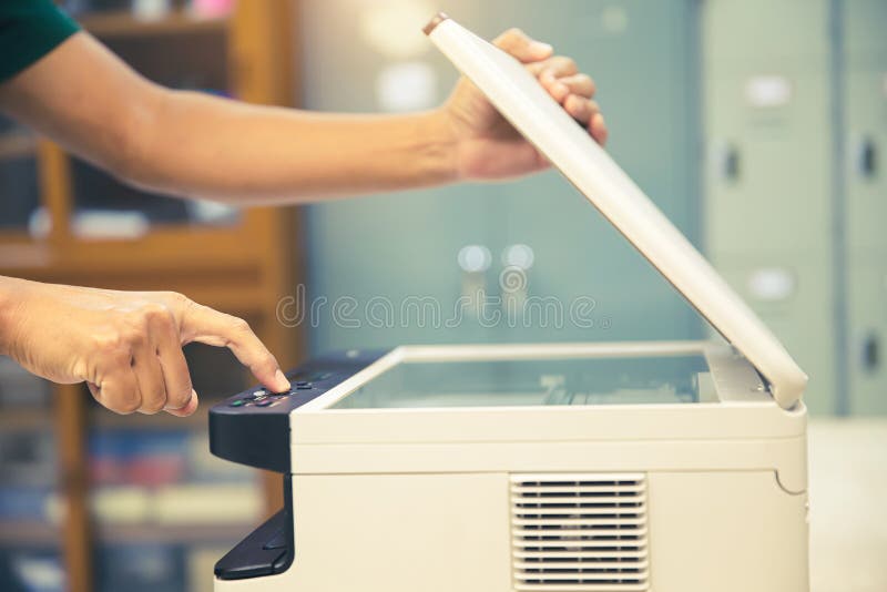 Close Up Hand Office Man Press Copy Button on Panel To Using the Copier ...