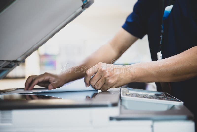 Close Up Hand Office Man Press Copy Button on Panel To Using the Copier ...