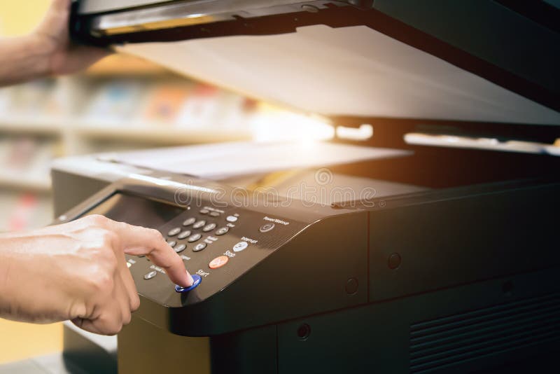 Close Up Hand Office Man Press Copy Button on Panel To Using the Copier ...