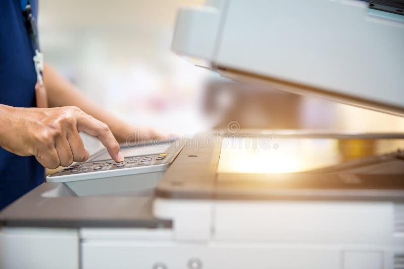 Close Up Hand Office Man Press Copy Button on Panel To Using the Copier ...