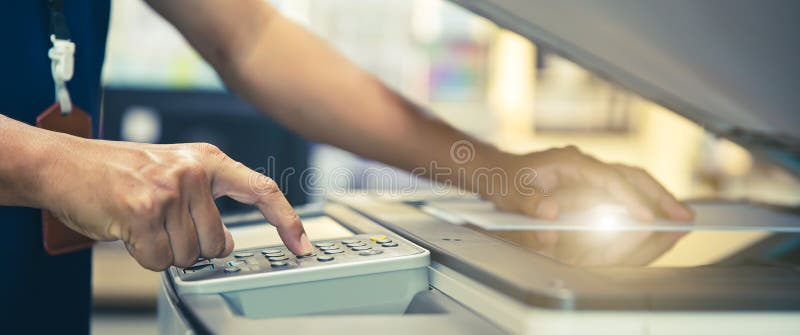 Close Up Hand Office Man Press Copy Button on Panel To Using the Copier ...
