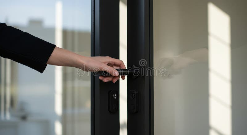 Close-up of Hand Opening Modern Glass Door in Sunlit Interior Space ...