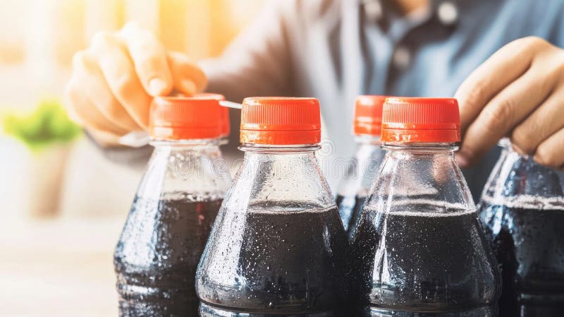 Close-up of Hand Opening Soda Bottles with Red Caps in Bright Setting ...