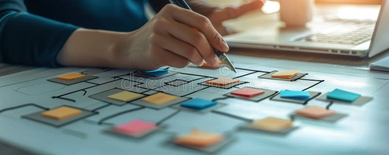 Close-up of Hand with Pen Marking Business Strategy Flowchart. Stock ...