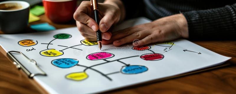 Close-up of Hand with Pen Marking Business Strategy Flowchart. Stock ...