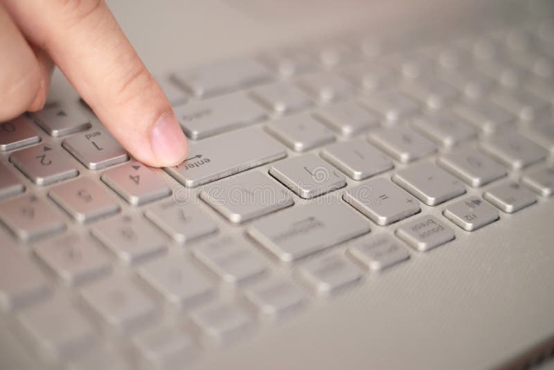 Close Up of Hand Person Finger Click Enter Button on Laptop Keyboard ...