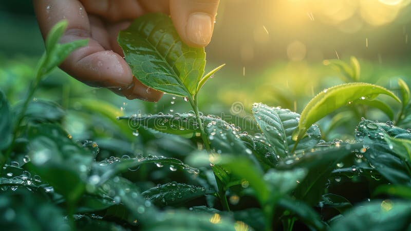 Close-up of a Hand Picking a Dew-covered Tea Leaf on a Rainy Day, AI ...