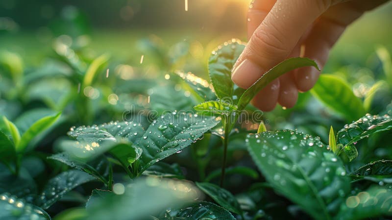 Close-up of a Hand Picking a Dew-covered Tea Leaf on a Rainy Day, AI ...