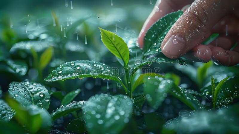 Close-up of a Hand Picking a Dew-covered Tea Leaf on a Rainy Day, AI ...