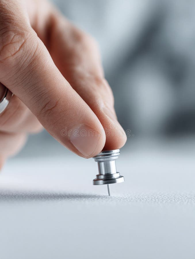Close Up of Hand Pinning a Metallic Thumbtack on a Surface. Perfect for ...
