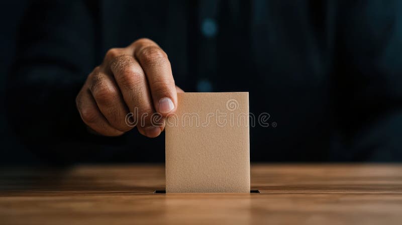 Close-up of a Hand Placing a Blank Card into a Slot on a Wooden Table ...
