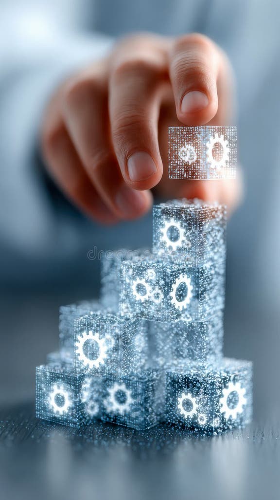 A Close-up of a Hand Placing Blue Textured Cubes and Spiked Rings in a ...